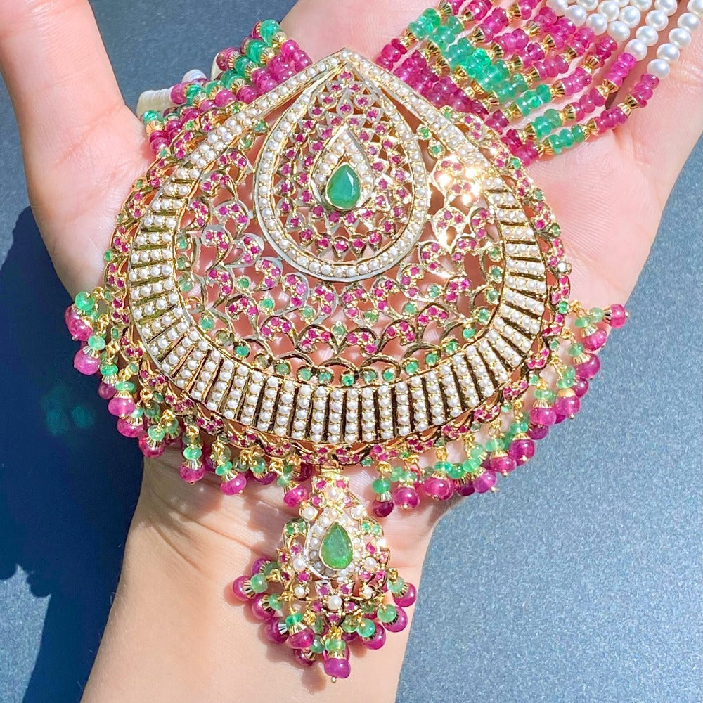 22k Gold Bengali Jorowa Haar Set | Precious Rubies, Emeralds and Pearl