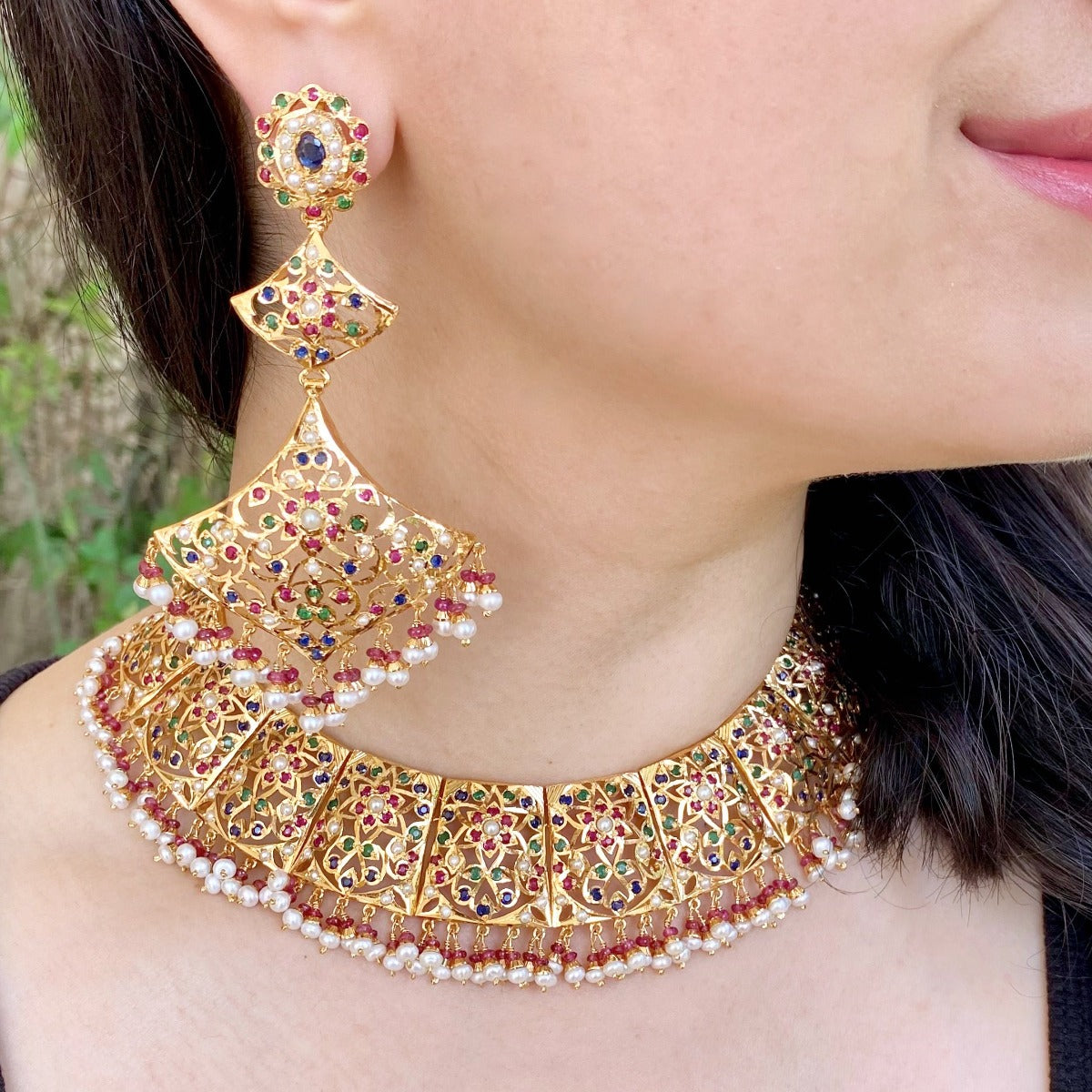 Multicoloured Jadau Set | Gold Plated on Sterling Silver | Bridal Wear