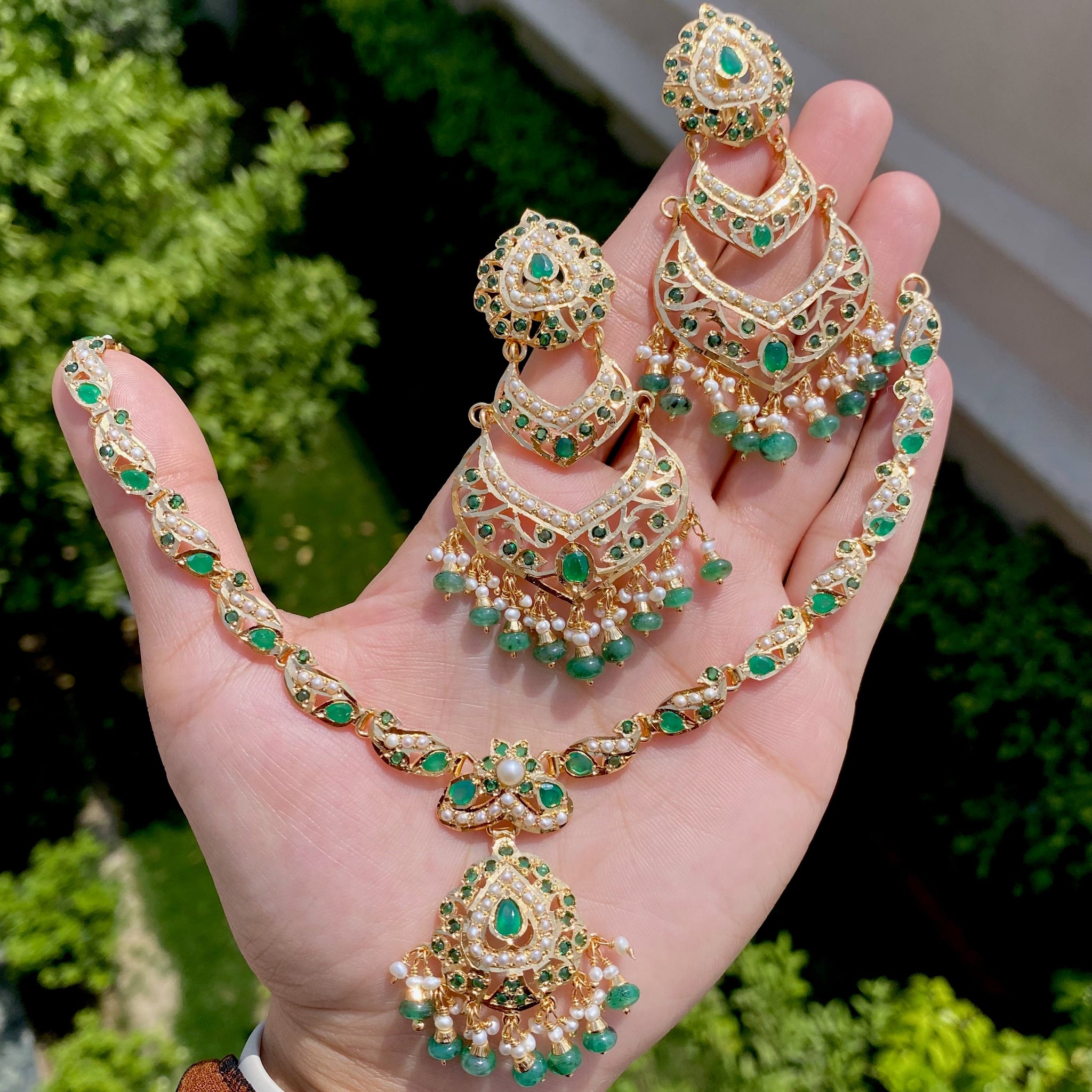 Gold Plated Emerald Green Necklace Set | Indian Sterling Silver Jewell