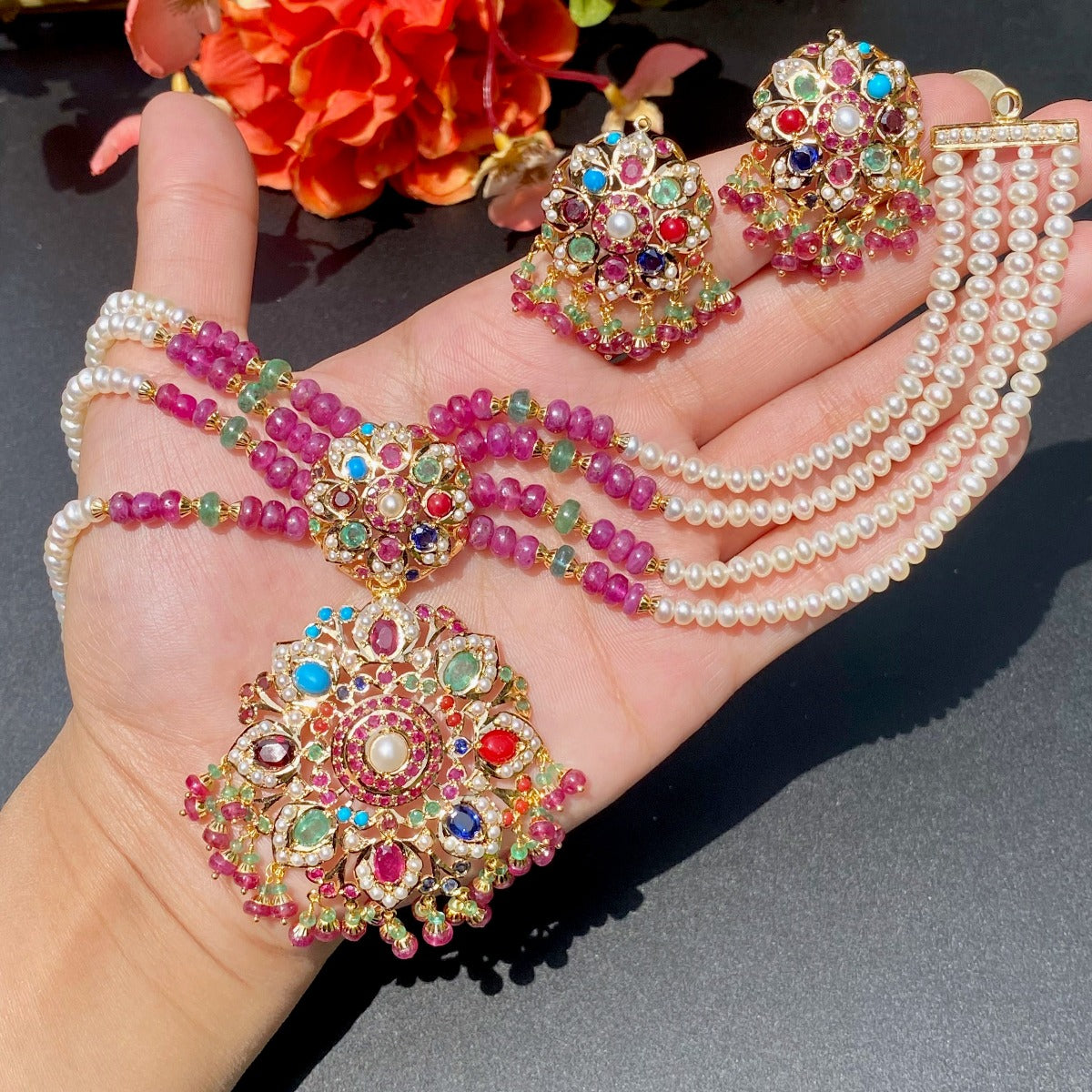 Real Stones Navratna Necklace | 22k Hallmark Jadau Jewellery
