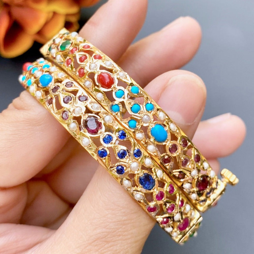 22k Gold Indian Bangles | Studded with Navaratna Stones | For Women