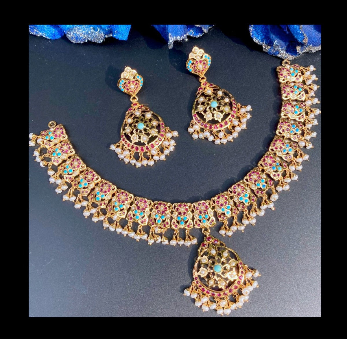 Punjabi Jadau Set | Gold Plated Silver | Ruby Feroza Colors